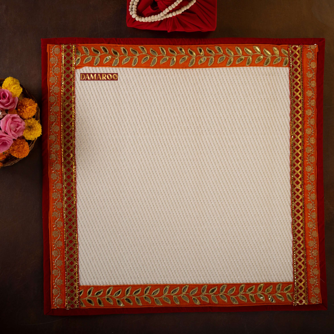 2x2 ft Handmade Decorative Nylon Chatai Pooja Aasan Set | White & Oran ...