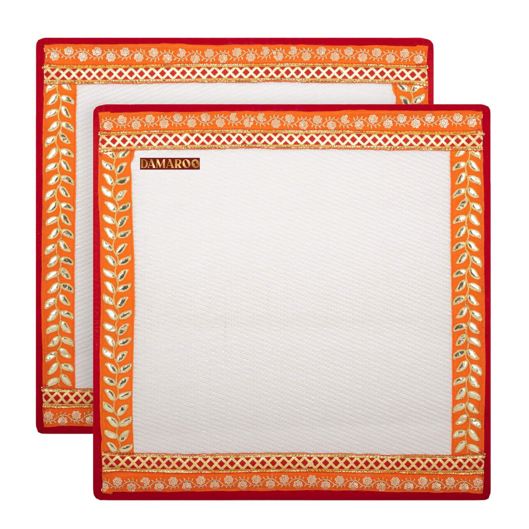 Set of 2 | 2x2 ft | Majestic Nylon Pooja Aasan | Orange Sequins & Gota ...